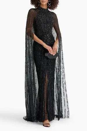 Jenny Packham Charisma Cape-effect Embellished Tulle Gown