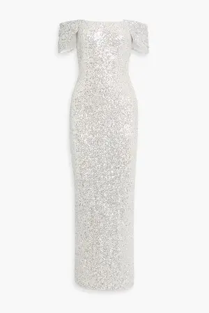 Badgley Mischka Off-the-shoulder Sequin Embellished Mesh Gown