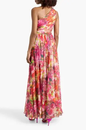 Badgley Mischka One-shoulder Floral Chiffon Maxi Dress