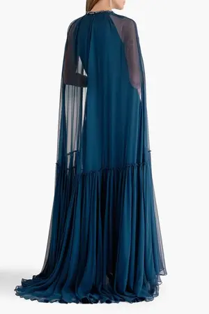 Jenny Packham Cape Effect Beaded Crepe And Chiffon Gown