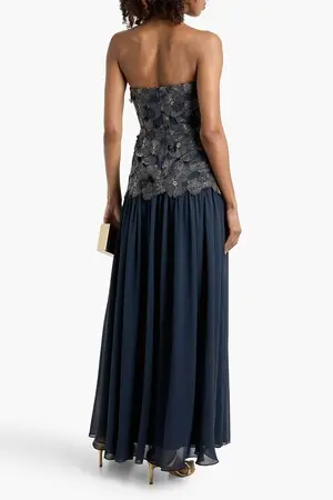 Badgley Mischka Strapless Metallic Guipure Lace And Chiffon Gown