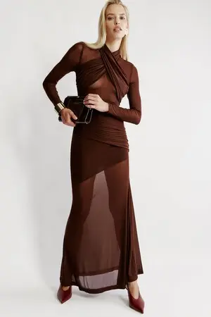 Bardot Marice Wrap Mesh Maxi Dress - Chocolate