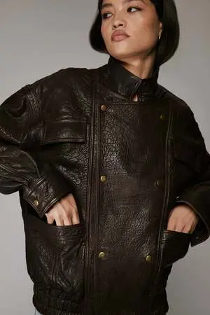 Bardot Oversized Leather Jacket - Chocolate
