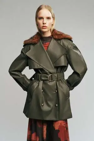 Bardot Vegan Leather & Faux Fur Collar Trench Coat - Olive
