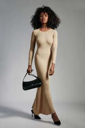 Bardot Amaro Maxi Knit Dress With Twist Back Detail - Soft Camel