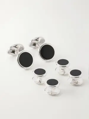 DEAKIN & FRANCIS Enamel And Sterling Cufflinks And Dress Studs Set - Silver