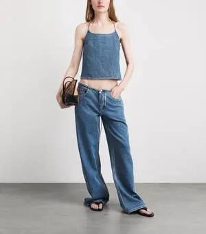 Still Here Denim Halter Neck Toggle Tank Top - Blue