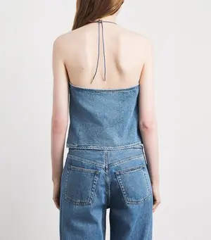 Still Here Denim Halter Neck Toggle Tank Top - Blue