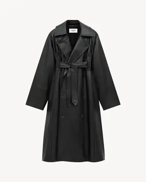 Saint Laurent Long Coat In Plunged Lambskin - Black