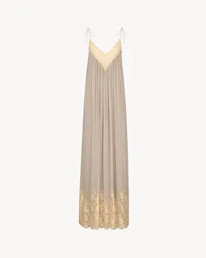 Saint Laurent Gathered Silk Crepe Muslin And Lace Maxi Dress - Gris Perle