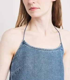 Still Here Denim Toggle Halter Tank Top - Blue