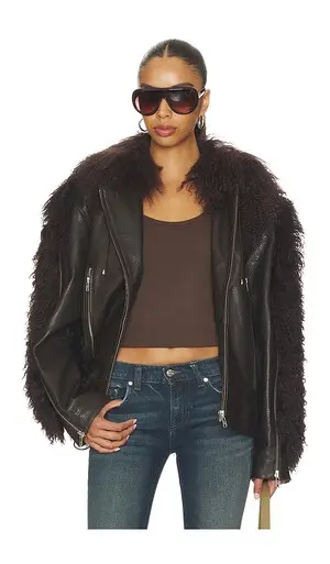 MANOKHI Jade Leather Coat With Faux Fur Trim