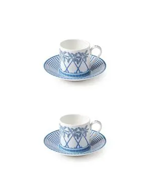 PINK HOUSE Fine Bone China Two Espresso Cups & Saucers Palms - Blue