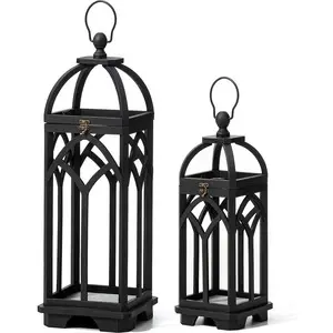 GLITZHOME Set Of 2 Wooden Church Style Decorative Lanterns Candle Holders - Black