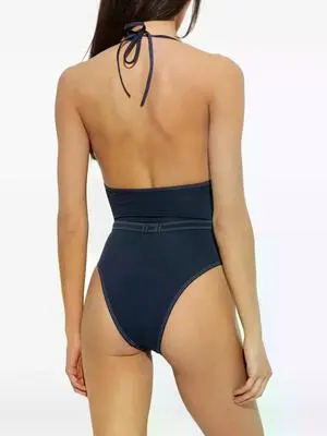 Balmain Belted Contrast-stitch Swimsuit - Blue
