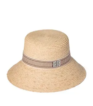 Miu Miu Raffia Sun Hat With Logo Ribbon - Neutral