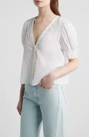 DÔEN Brigitta Lace Trim V-neck Ramie Top - Salt