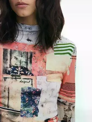 Desigual Patchwork Print Mock Neck Long Sleeve Top