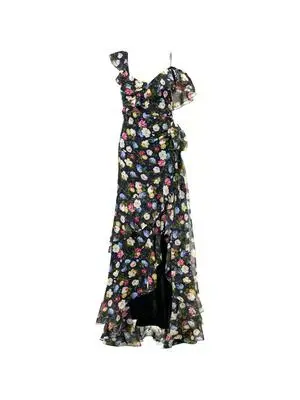 Carolina Herrera Floral Print Silk Asymmetric Dress - Blue