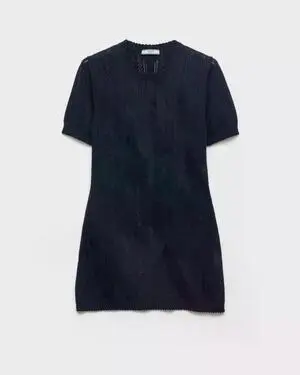 Prada Openwork Cotton Mini Dress With Triangle Logo - Blue