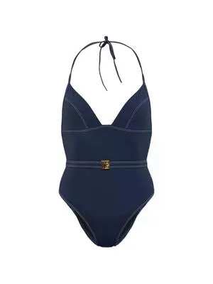 Balmain Belted Contrast-stitch Swimsuit - Blue