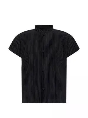 Issey Miyake Pleated Mandarin-collar Short-sleeve Top - Black