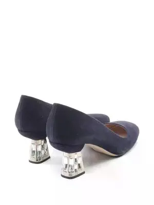 Miu Miu Navy Suede Jewel-embellished Block Heel Pumps
