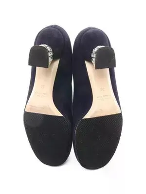 Miu Miu Navy Suede Jewel-embellished Block Heel Pumps