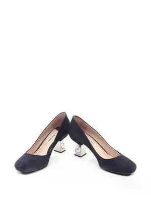 Miu Miu Navy Suede Jewel-embellished Block Heel Pumps