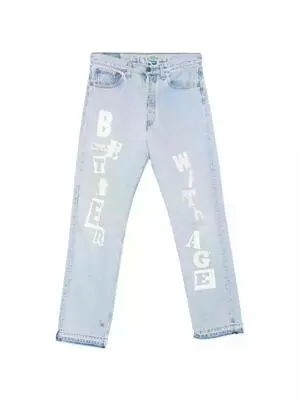 BETTER WITH AGE Logo Print Raw Edge Hem Jeans - Blue