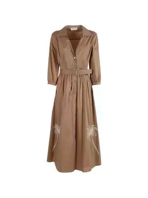 SHIRTAPORTER Embroidered Belted Shirt Dress - Neutrals