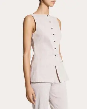 Theory Textured Linen Boatneck Cutaway Vest Top - Neutral