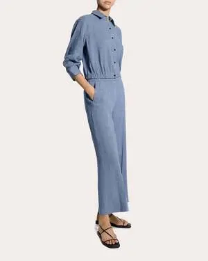 Theory Fluid Linen Scrunched Crop Button-up Top - Blue
