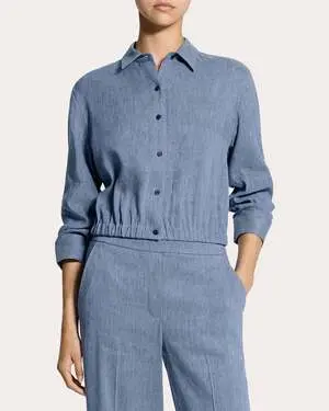 Theory Fluid Linen Scrunched Crop Button-up Top - Blue