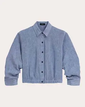 Theory Fluid Linen Scrunched Crop Button-up Top - Blue