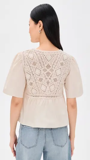 Ba&sh Salvi Cotton Poplin Blouse With Lace Panel And Ruffle Hem