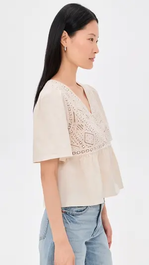 Ba&sh Salvi Cotton Poplin Blouse With Lace Panel And Ruffle Hem