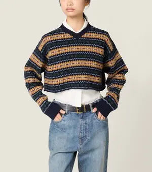 Miu Miu Wool Fair Isle Cropped V-neck Sweater