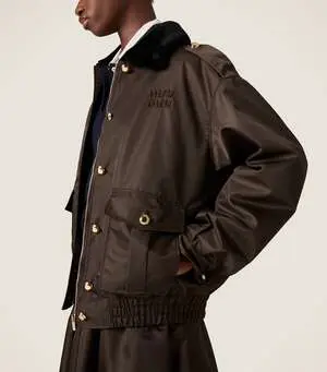 Miu Miu Technical Gazar Bomber Jacket With Shearling Collar