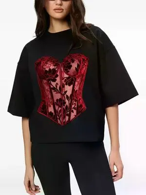 HAMZA Lace Print Corset T-shirt - Black