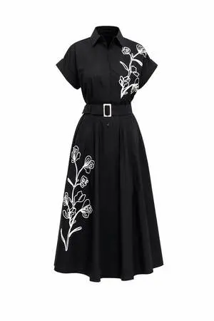 EXQUISE Miriam Embroidered Midi Shirt Dress - Black