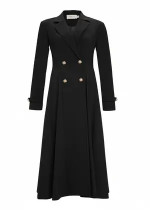EXQUISE Coralie Dress: Midi Blazer Dress With Wrap Neck And Gold Button Detail - Black