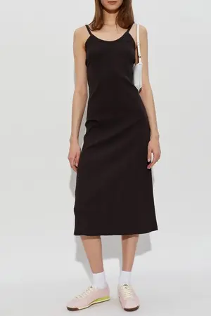 Lacoste Ribbed Knit Midi Dress With Logo Patch
