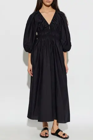 Matteau V-neck Gathered Cotton Maxi Dress - Black