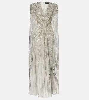 Jenny Packham Embellished Gown With Cape Effect - Silver