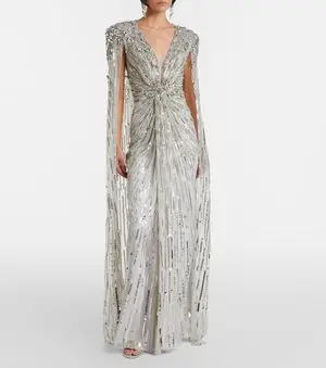 Jenny Packham Embellished Gown With Cape Effect