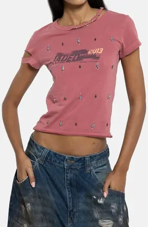JADED LONDON Distressed Jewel Crop T-shirt - Red
