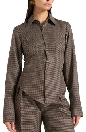 Manière De Voir Houndstooth Cinch Shirt With Pointed Collar And Angular Hem - Brown