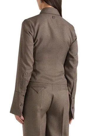 Manière De Voir Houndstooth Cinch Shirt With Pointed Collar And Angular Hem - Brown
