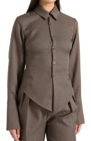Manière De Voir Houndstooth Cinch Shirt With Pointed Collar And Angular Hem - Brown